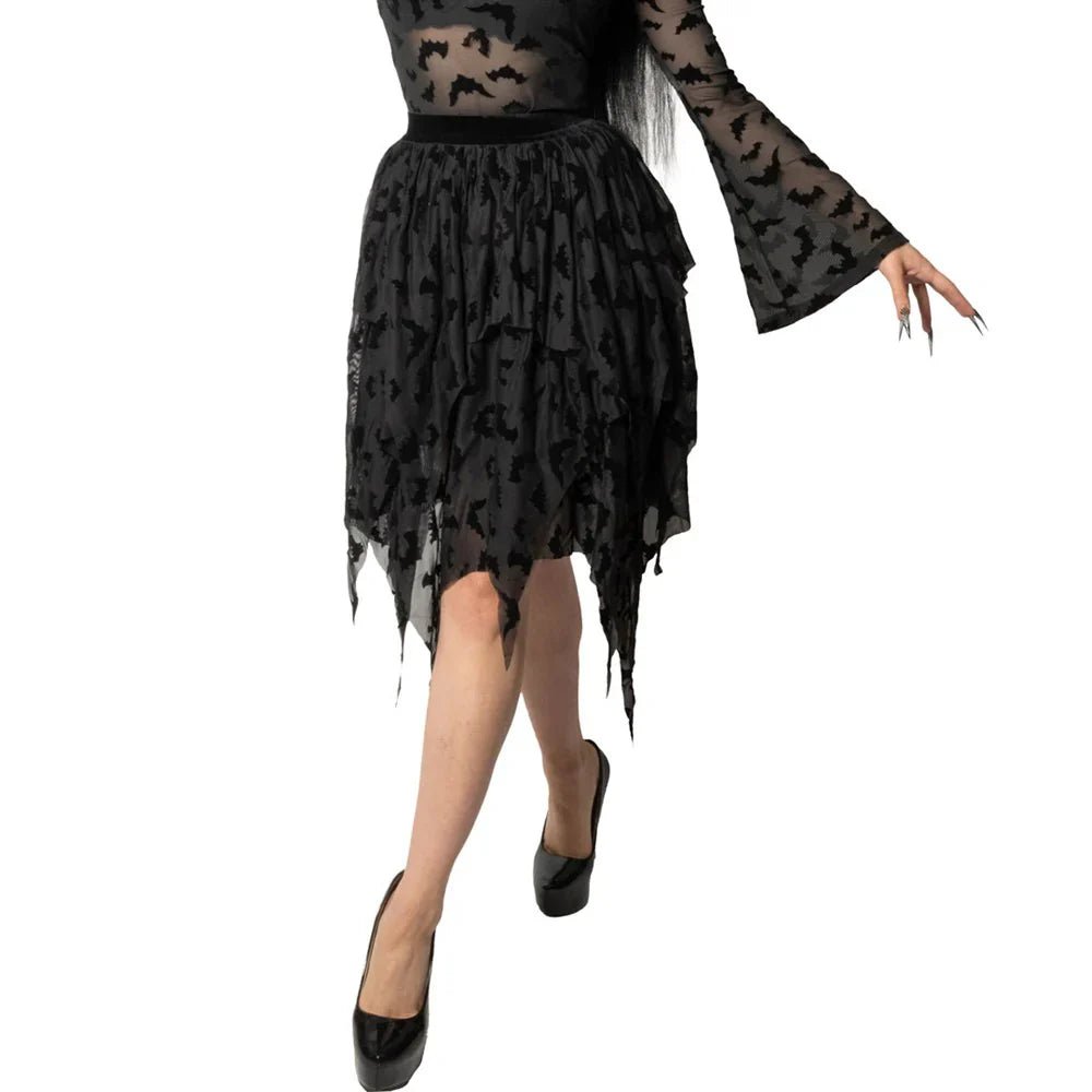 BAT REPEAT MESH TIERED MIDI SKIRT - BLACK - Y R U